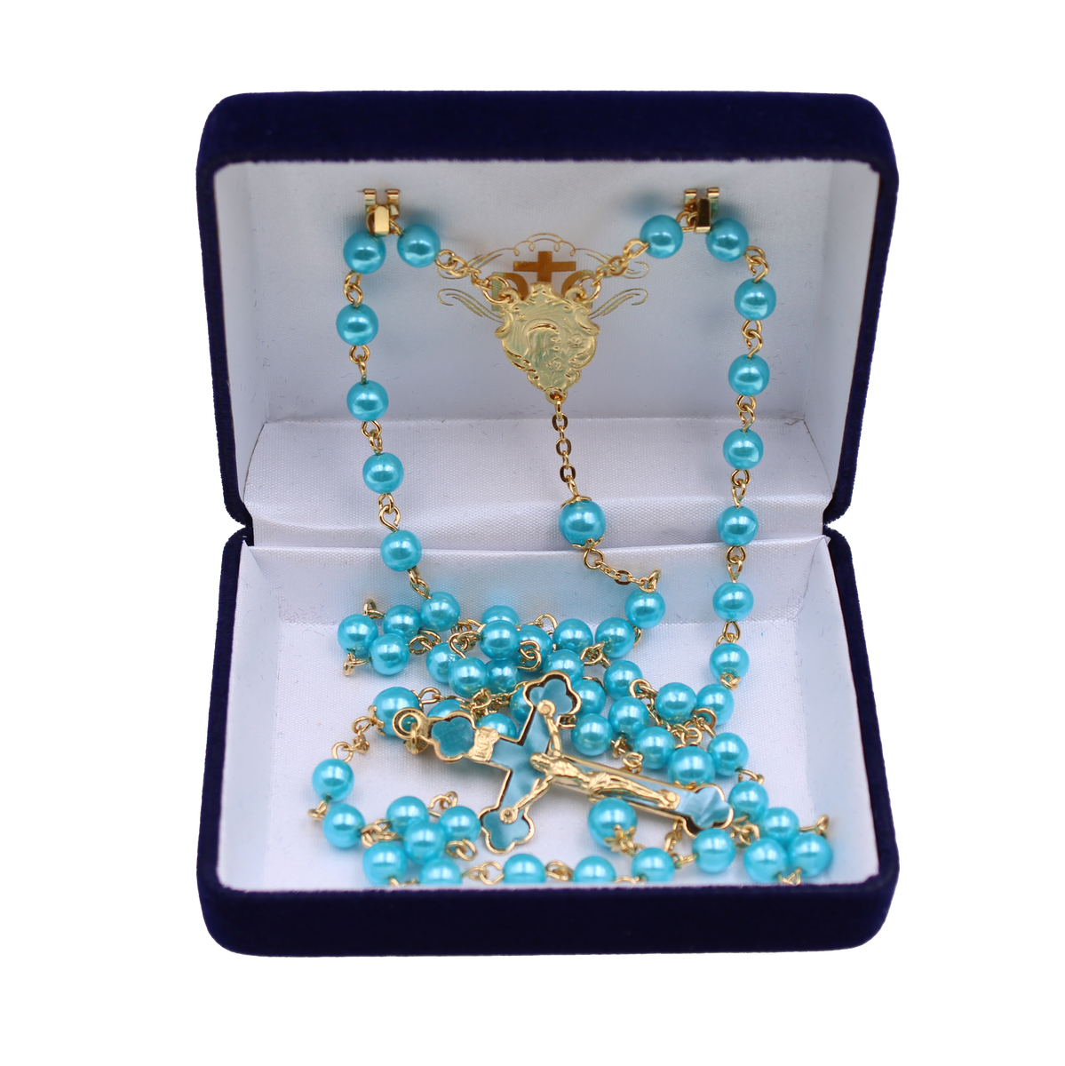 Aqua Blue Pearl Rosary- Gold Plated - 231/G/BL – Devon Trading Company