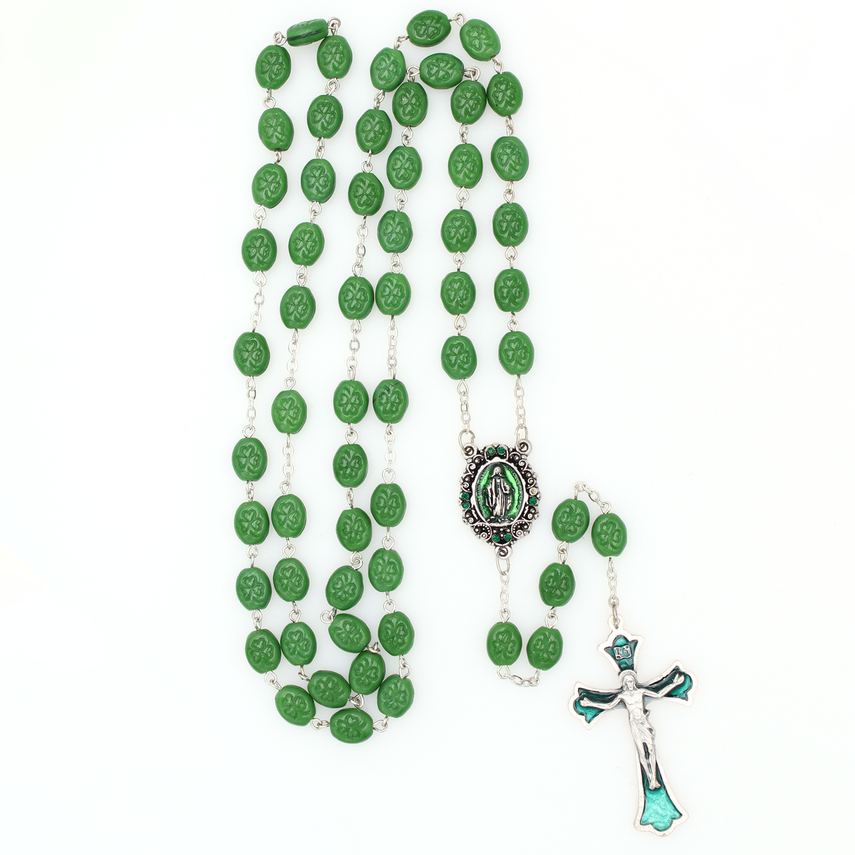 Irish Shamrock Bead Rosary with Enameled Miraculous Center and Crucifi ...